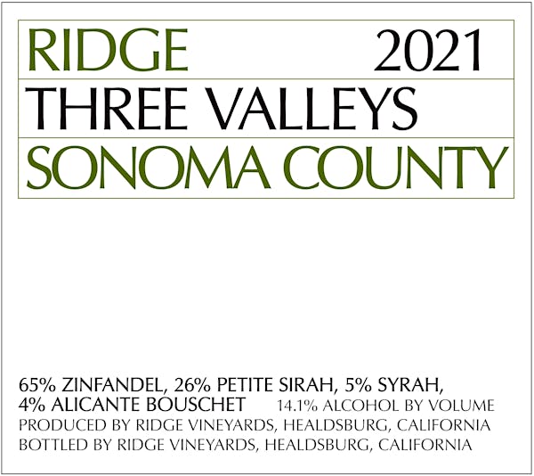 Ridge Three Valleys Sonoma County 2021 | Wine Rating | Wine Spectator